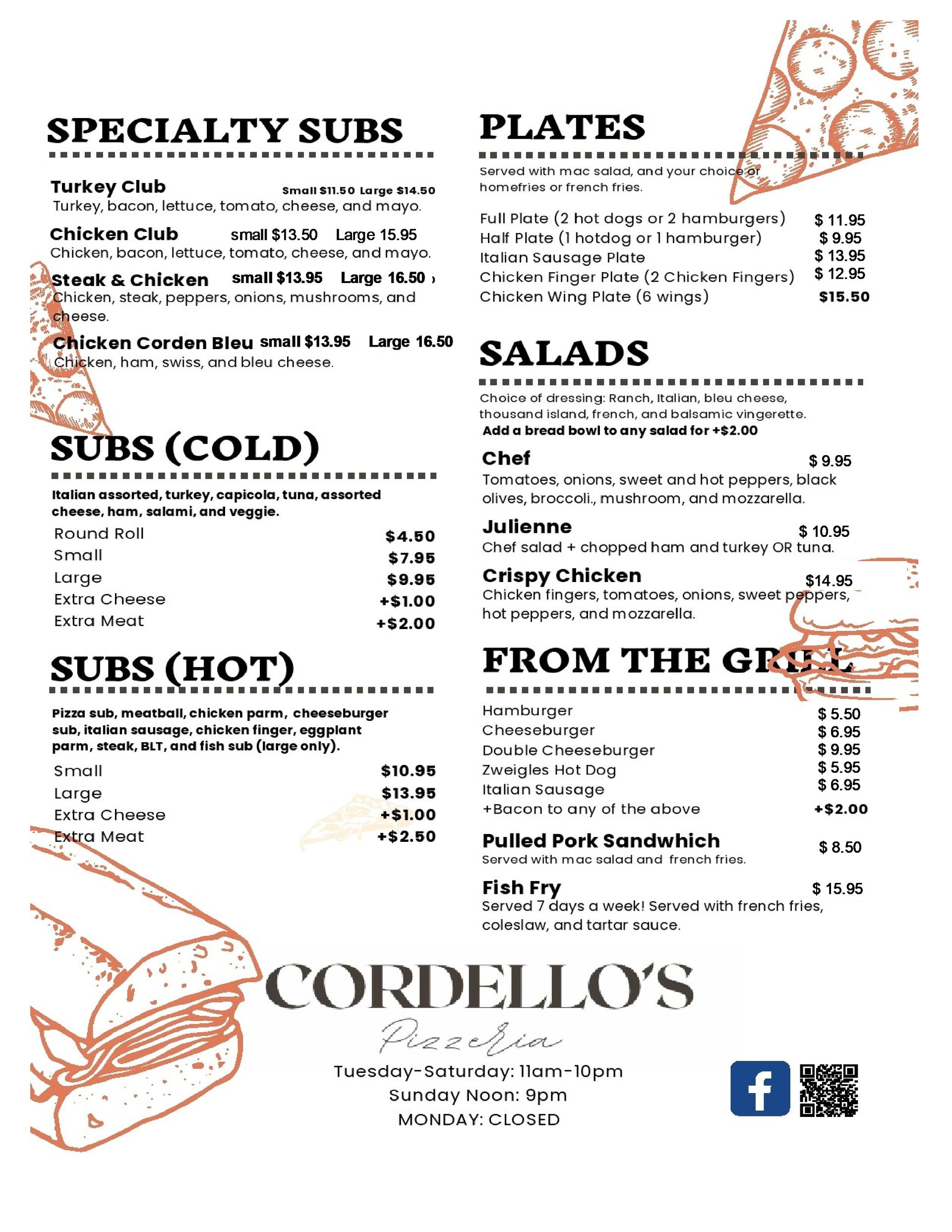 cordellos chili pizza, pizza,wings,subs,menu
