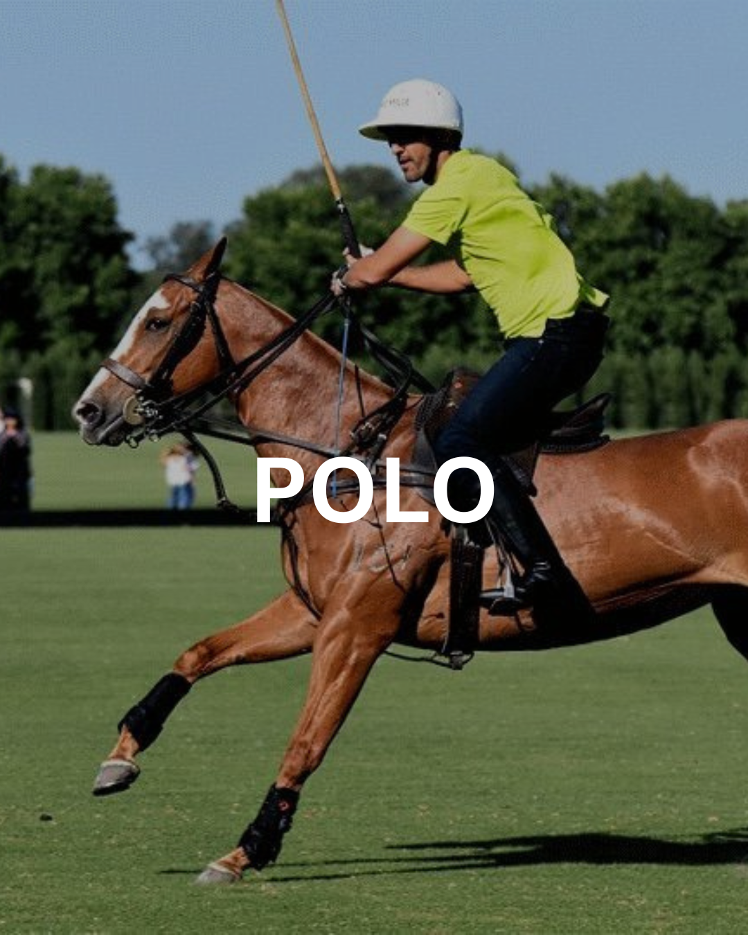 A polo player on a brown horse, swinging a mallet. Player in a green ...