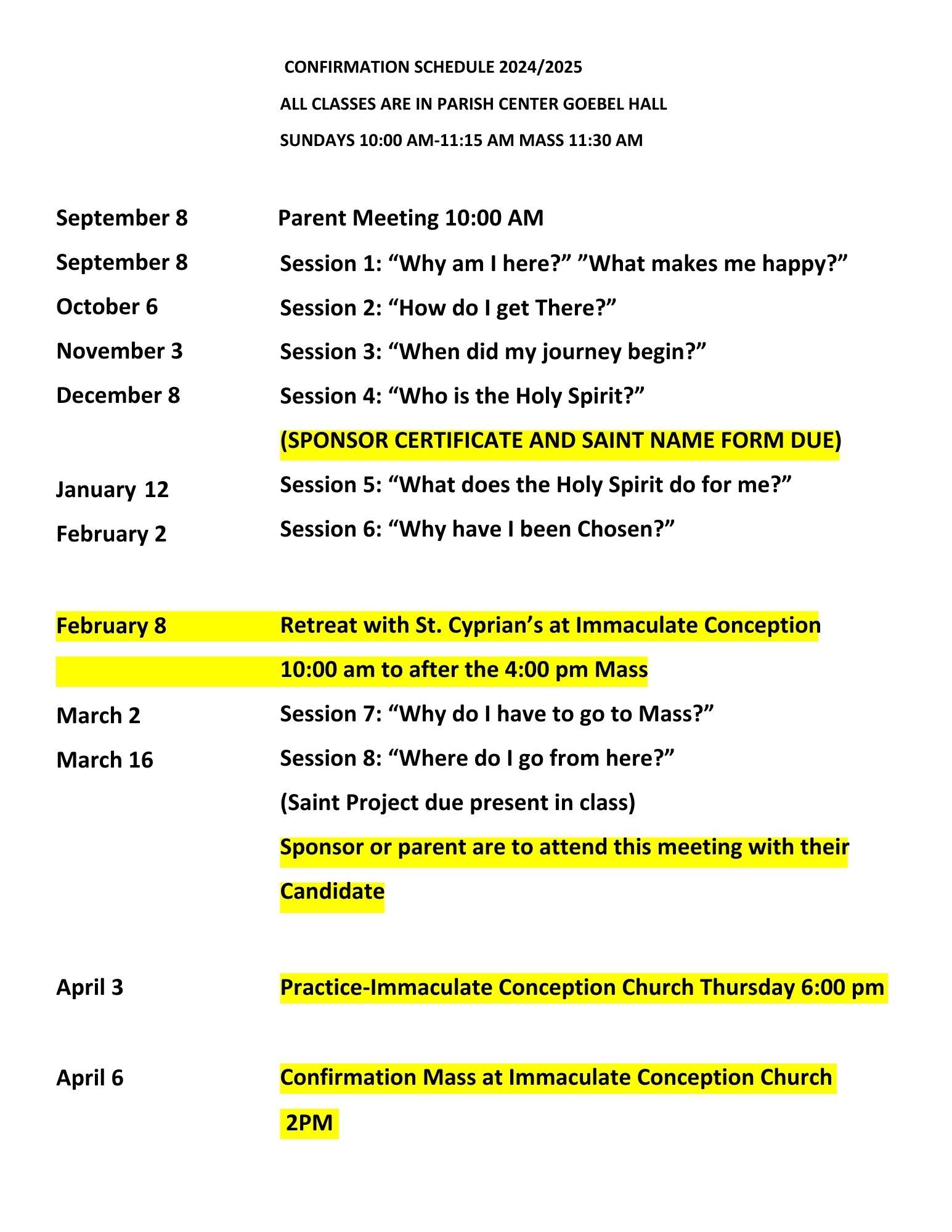 Confirmation Schedule 2024-2025