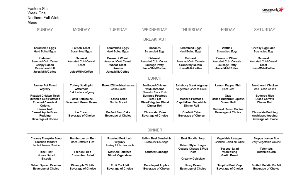Menus | New Jersey Eastern Star Rehab & Nursing | Bridgewater, NJ