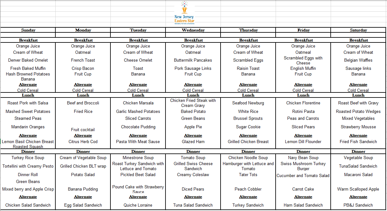 Menus | New Jersey Eastern Star Rehab & Nursing | Bridgewater, NJ