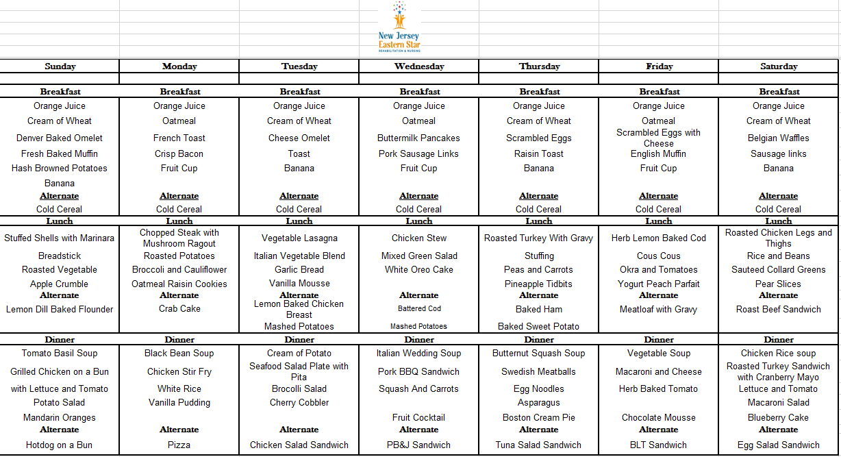 Menus | New Jersey Eastern Star Rehab & Nursing | Bridgewater, NJ