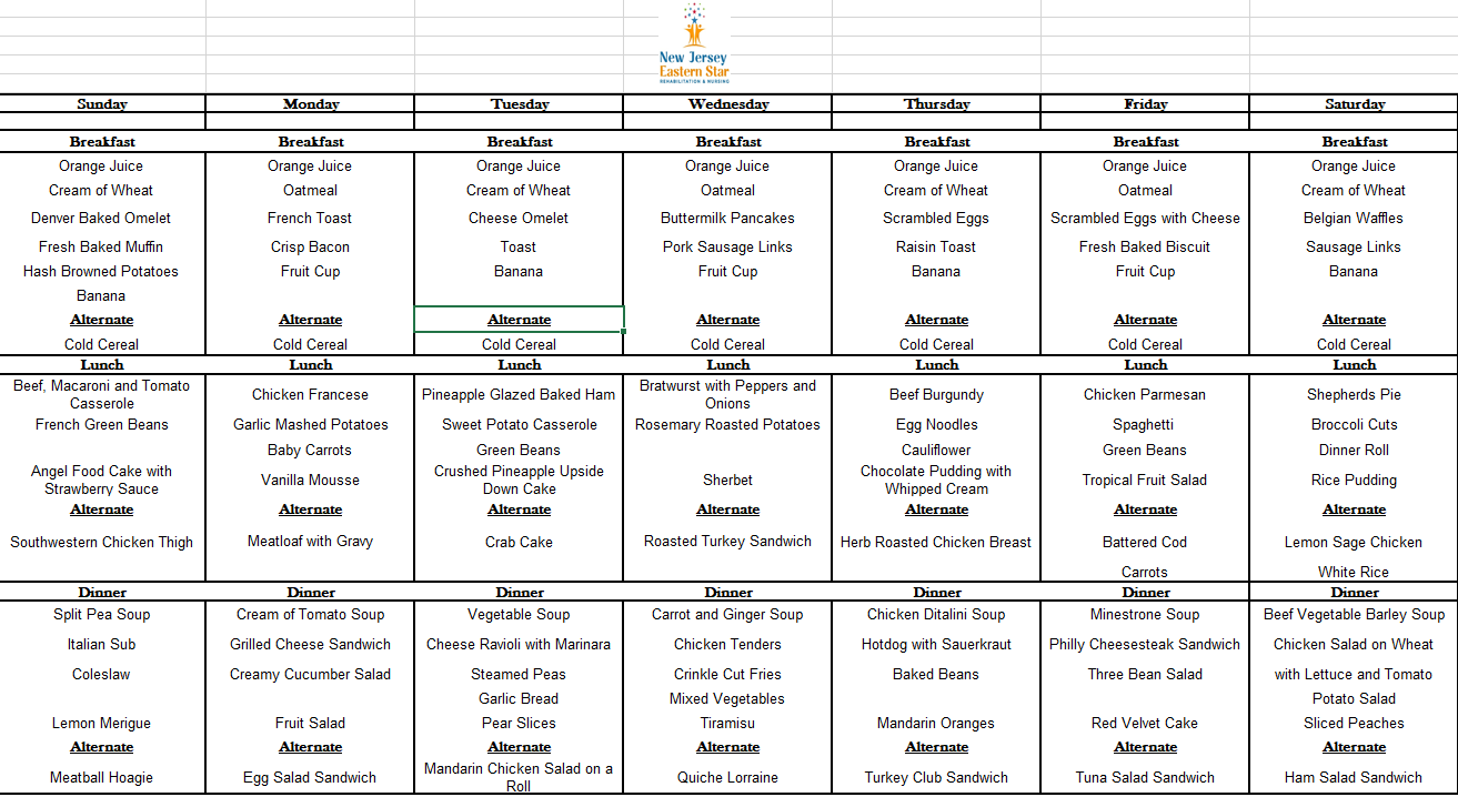 Menus | New Jersey Eastern Star Rehab & Nursing | Bridgewater, NJ