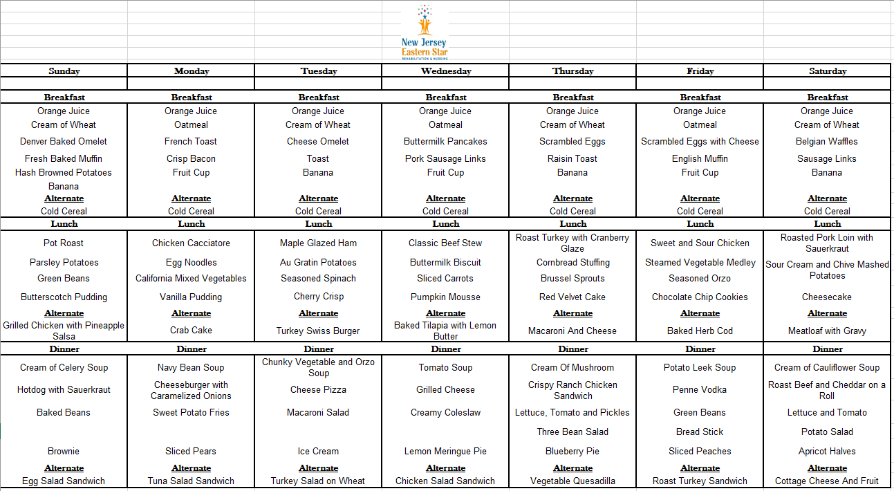 Menus | New Jersey Eastern Star Rehab & Nursing | Bridgewater, NJ