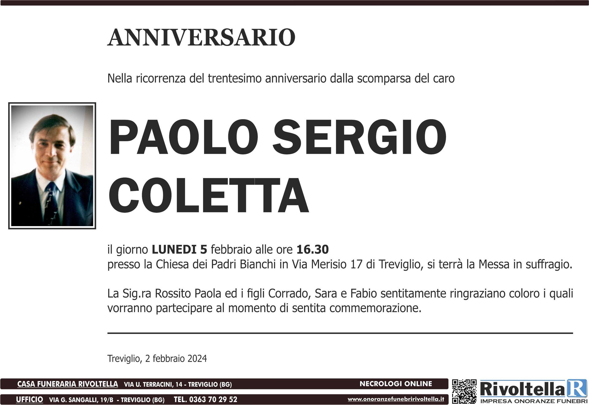 Elenco dei necrologi | Treviglio, BG | Rivoltella Onoranze Funebri