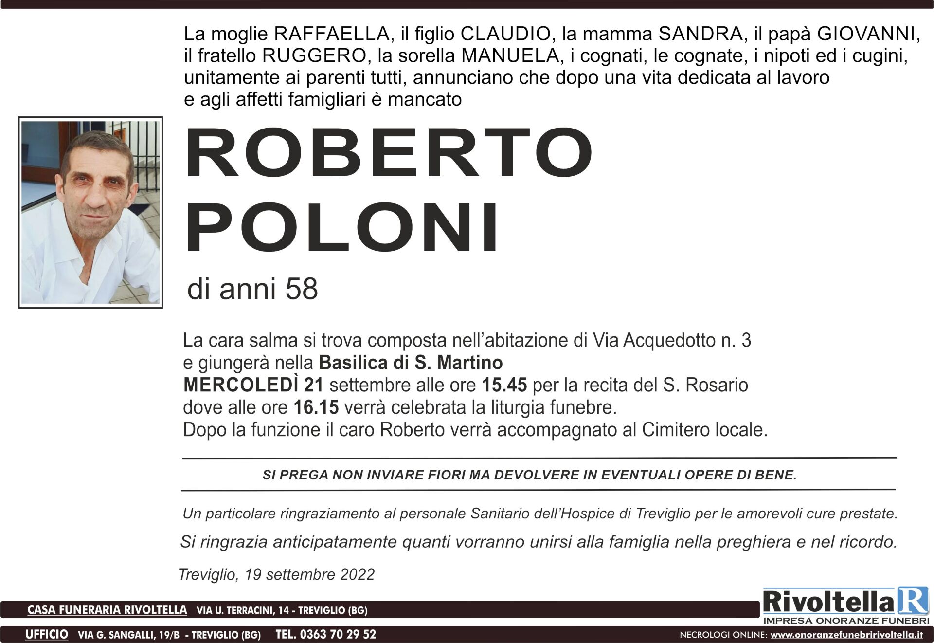 Elenco dei necrologi | Treviglio, BG | Rivoltella Onoranze Funebri