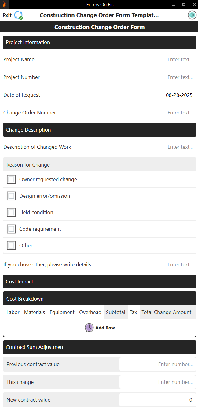 Construction Change Order Form Template | Forms On Fire
