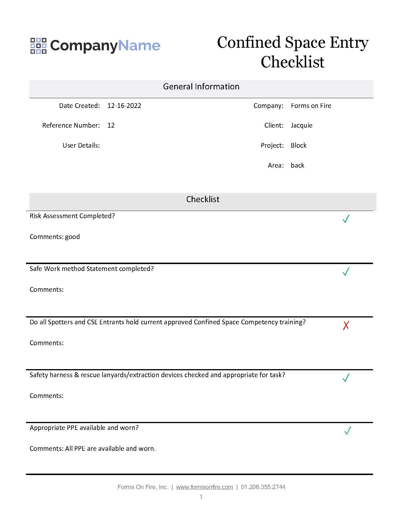 Confined Space Entry Checklist
