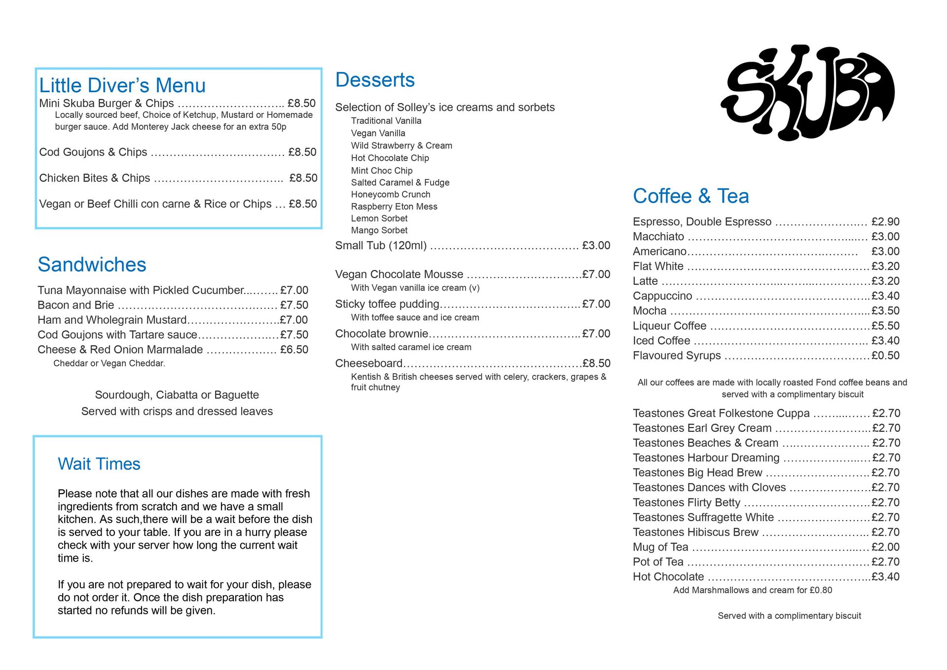 Skuba Bistro Menu