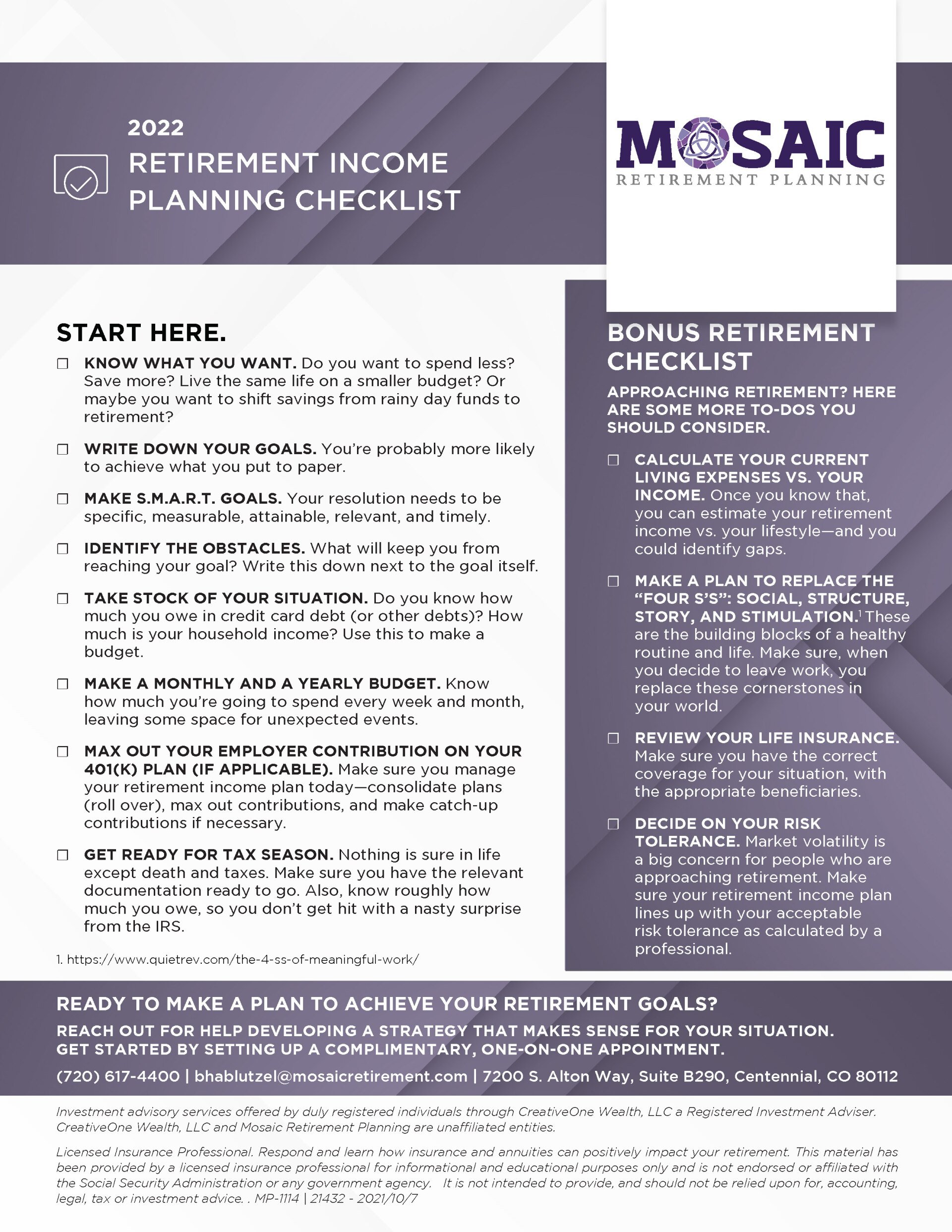Retirement and Financial Planning Cheat Sheets | Mosaic Retirement Planning