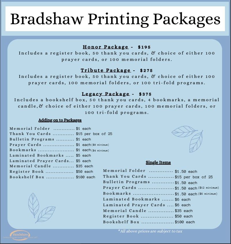 Our Printing Packages | Bradshaw Funeral Home | Stillwater, MN 55082