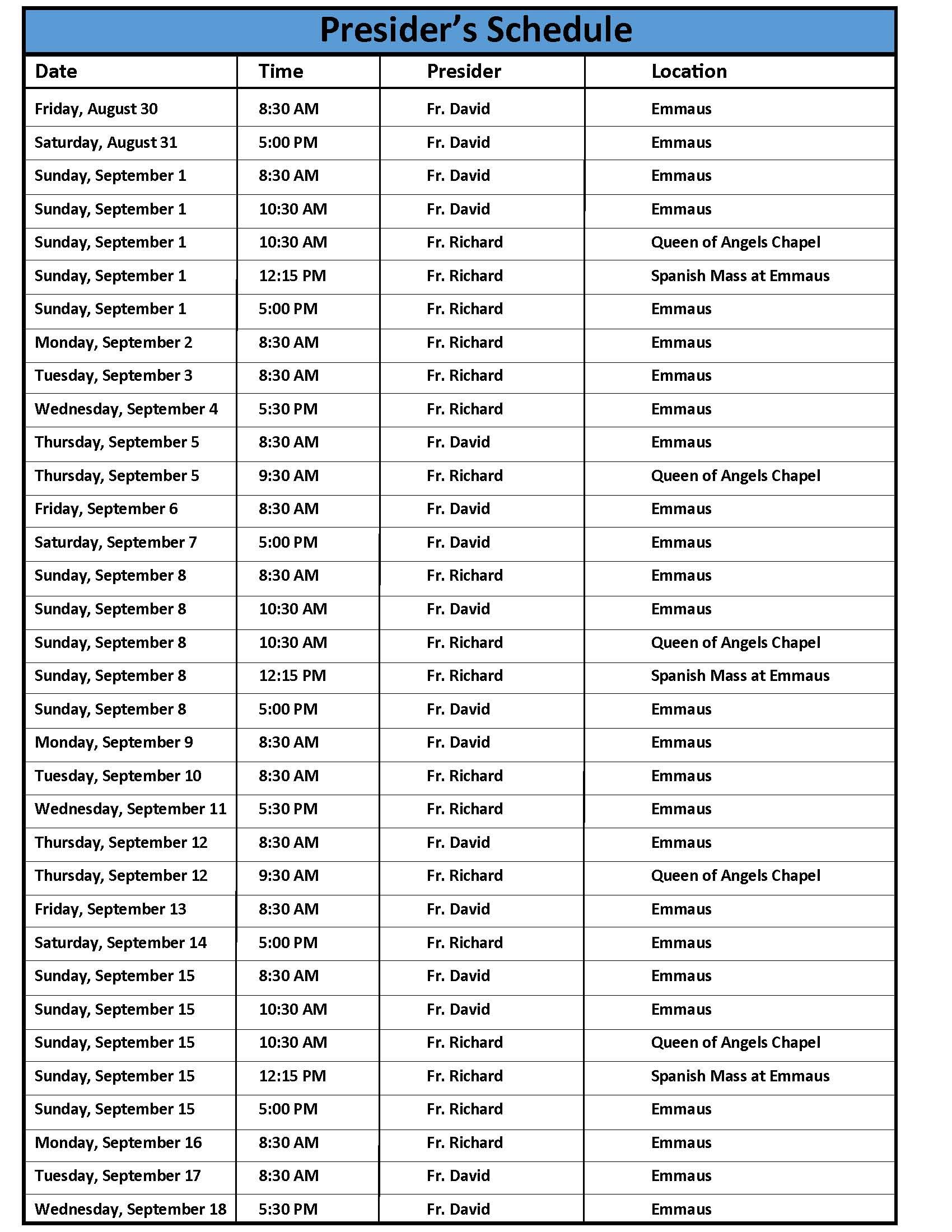 Mass and Presiders Schedule