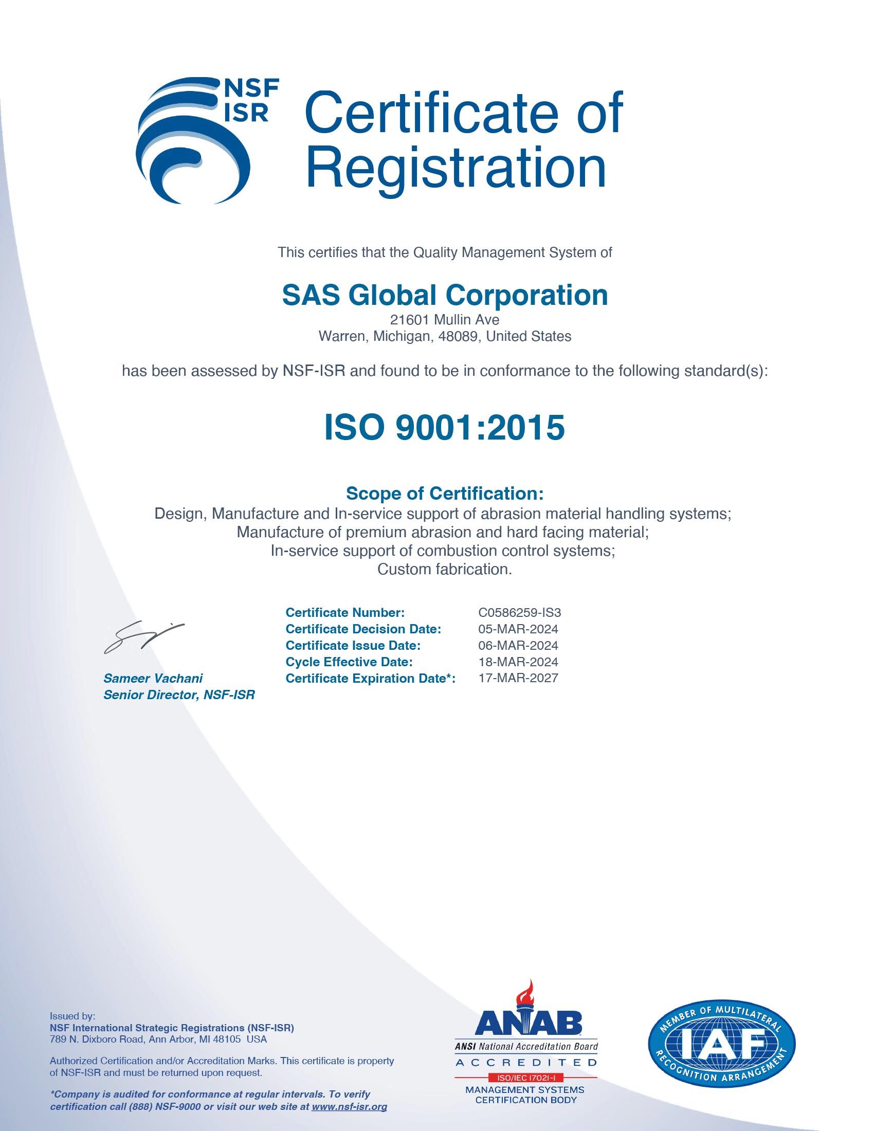 ISO 9001-2015 Certification | SAS Global Corporation