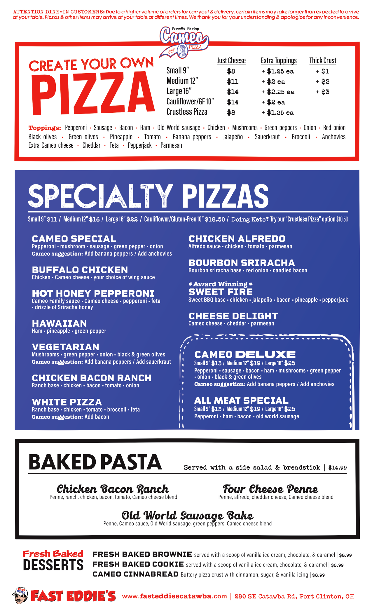 Dine-In Menu [Fast Eddies] Catawba/Port Clinton, Ohio