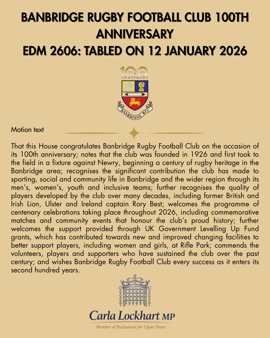 Lockhart Tables Parliamentary Motion to Mark Banbridge RFC’s 100th ...
