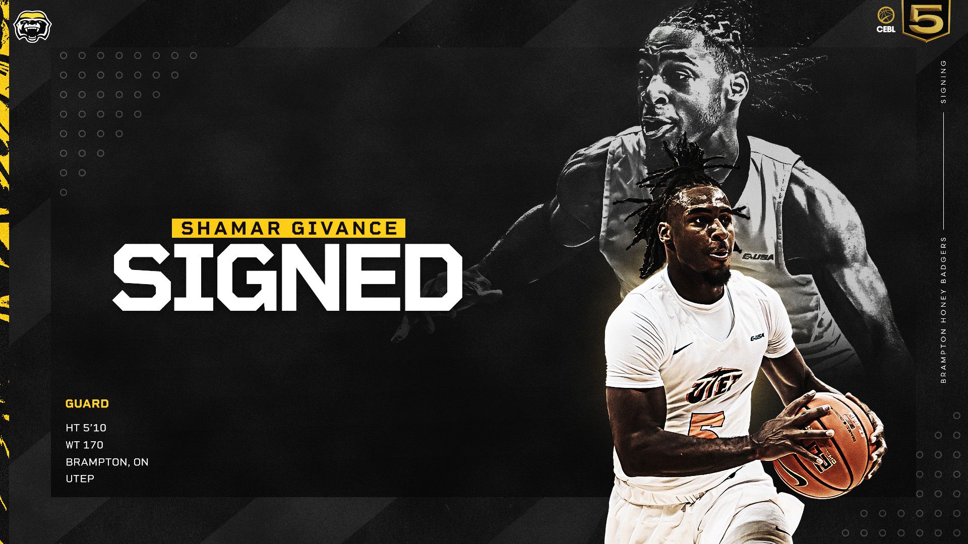 BRAMPTON GUARD SHAMAR GIVANCE SIGNS WITH HOMETOWN HONEY BADGERS