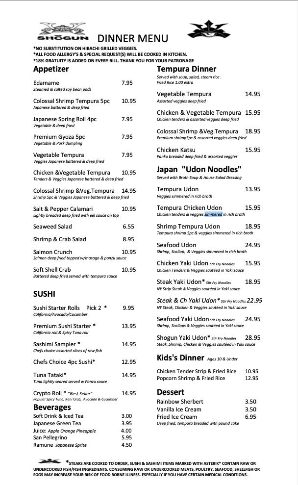 Shogun Lawrenceville ga lunch menu
