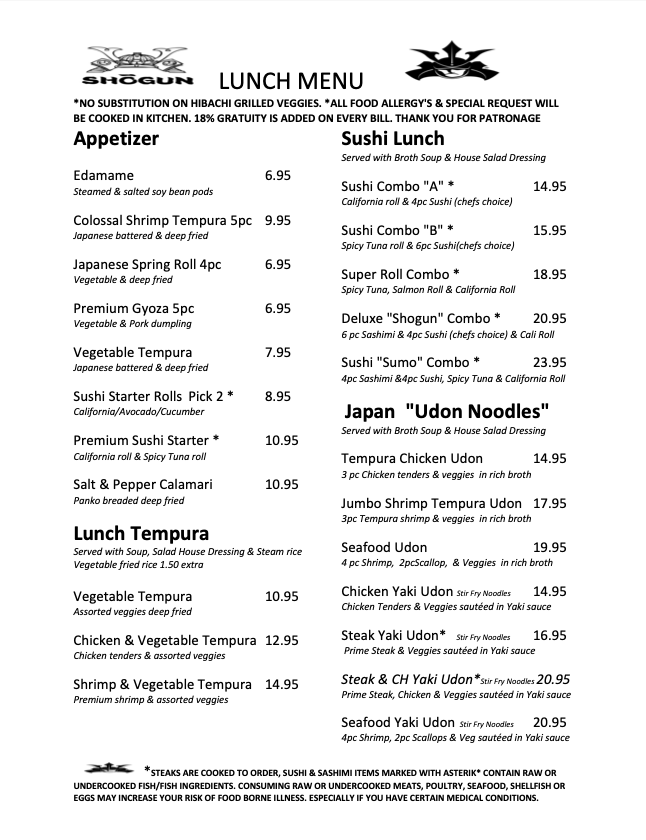 Shogun Lawrenceville ga lunch menu